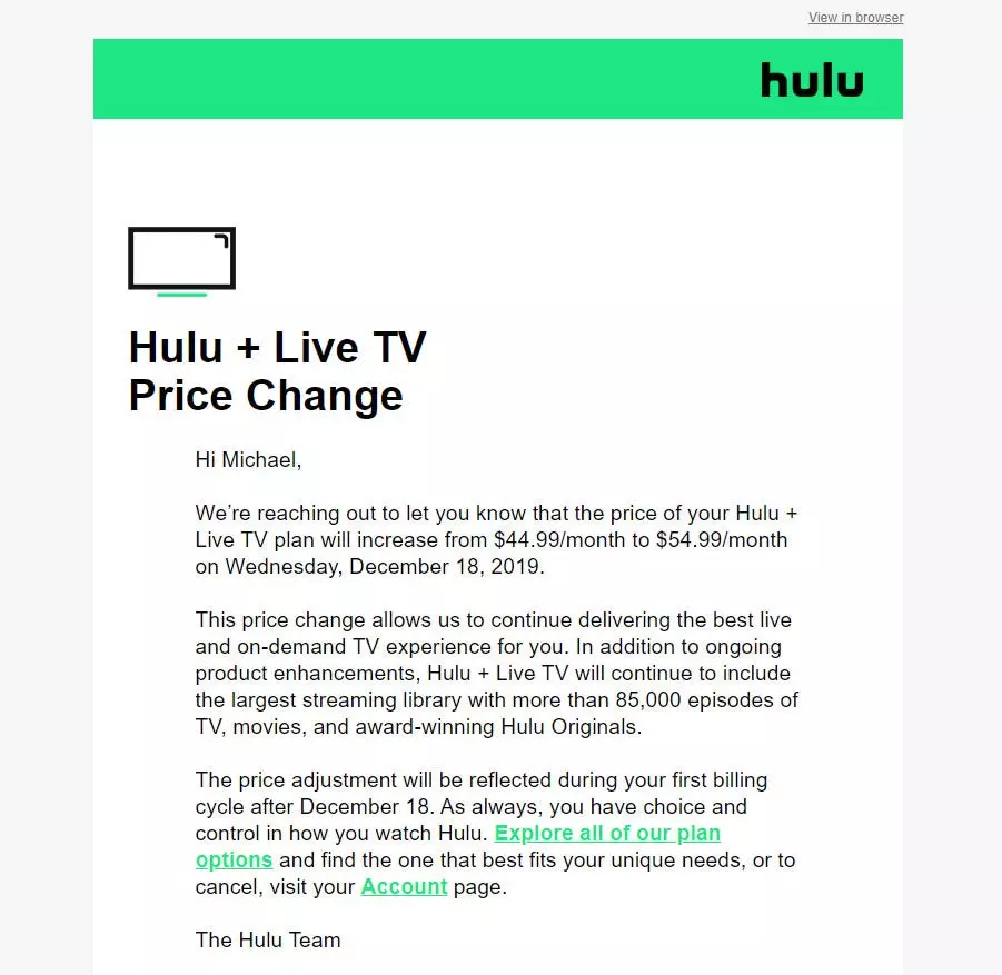 e Bild vun enger Hulu E-Mail