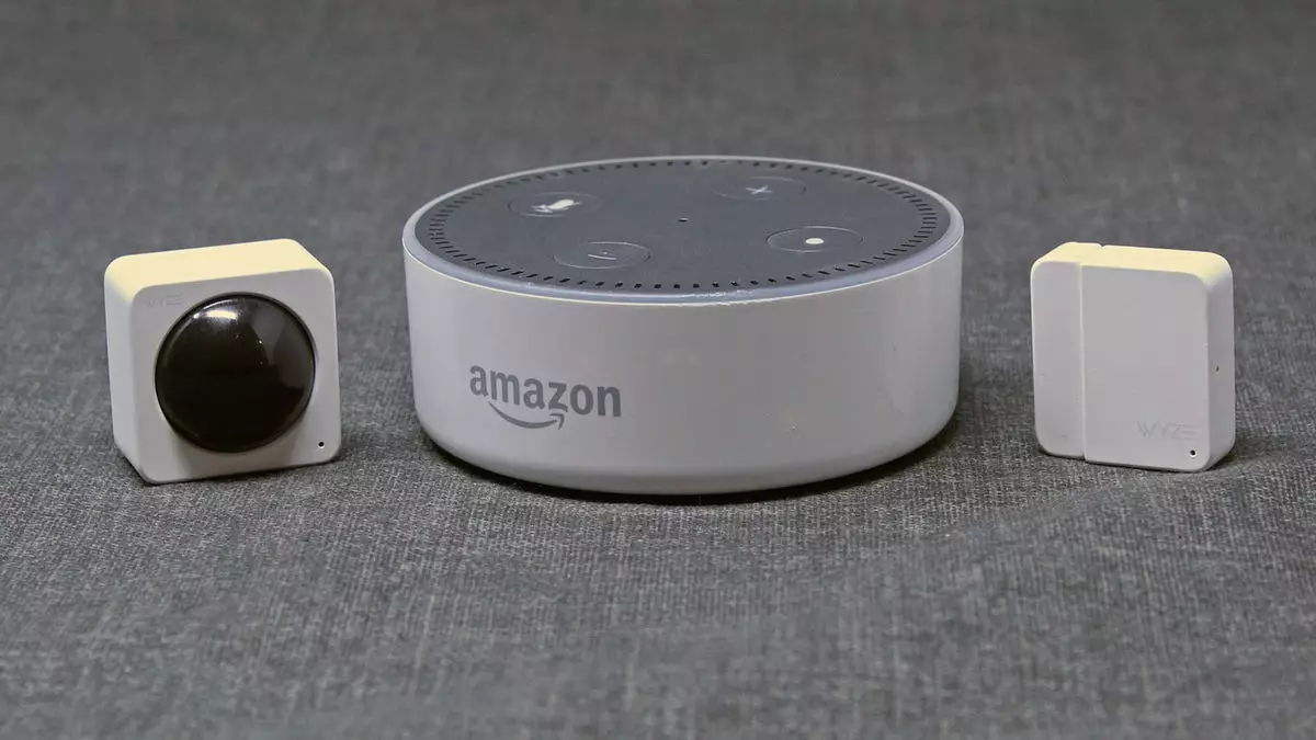 Ein Amazon Echo, umgeben von Wyze-Sensoren