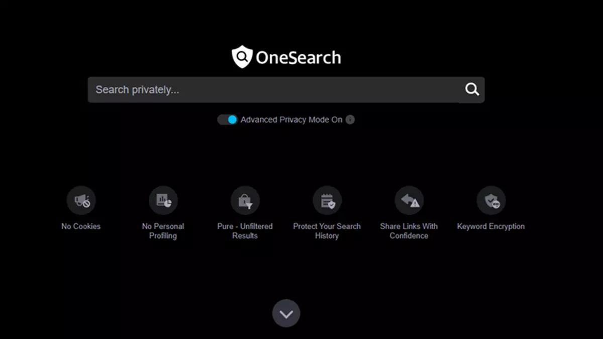 OneSearch stranica za pretraživanje, s tamnom crnom pozadinom.