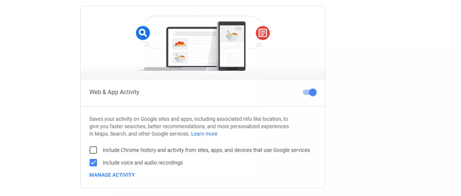 Η σελίδα Δραστηριότητα Ιστού και Εφαρμογών Google