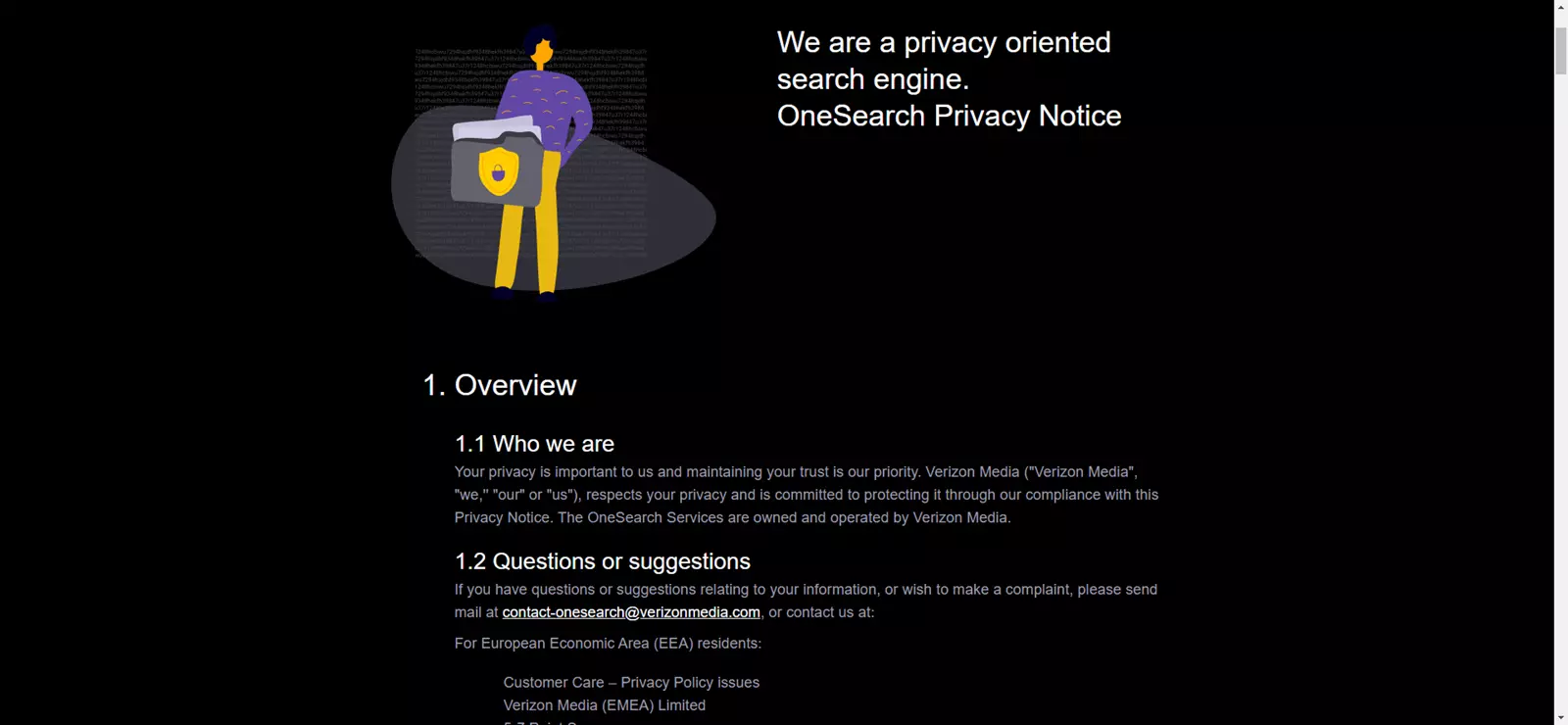 OneSearch गोपनीयता धोरण पृष्ठ, ब्राउझरमध्ये शोधत असलेल्या माणसाची प्रतिमा वैशिष्ट्यीकृत करते.