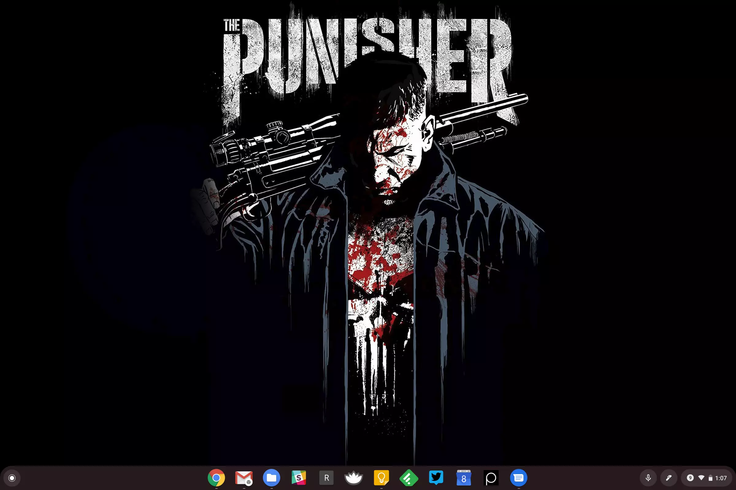 „Chrome“ OS vaizdas su „Punisher“ ekrano fonu