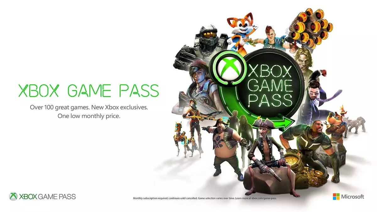 Logo Xbox Game Pass gyda chymeriadau gêm amrywiol.
