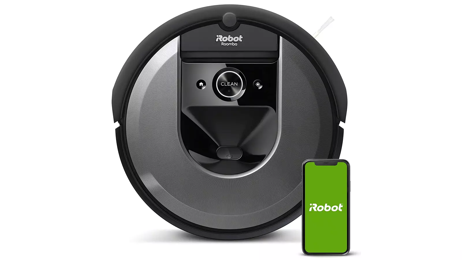 सफेद पृष्ठभूमि पर iRobot Roomba i7 और मोबाइल ऐप