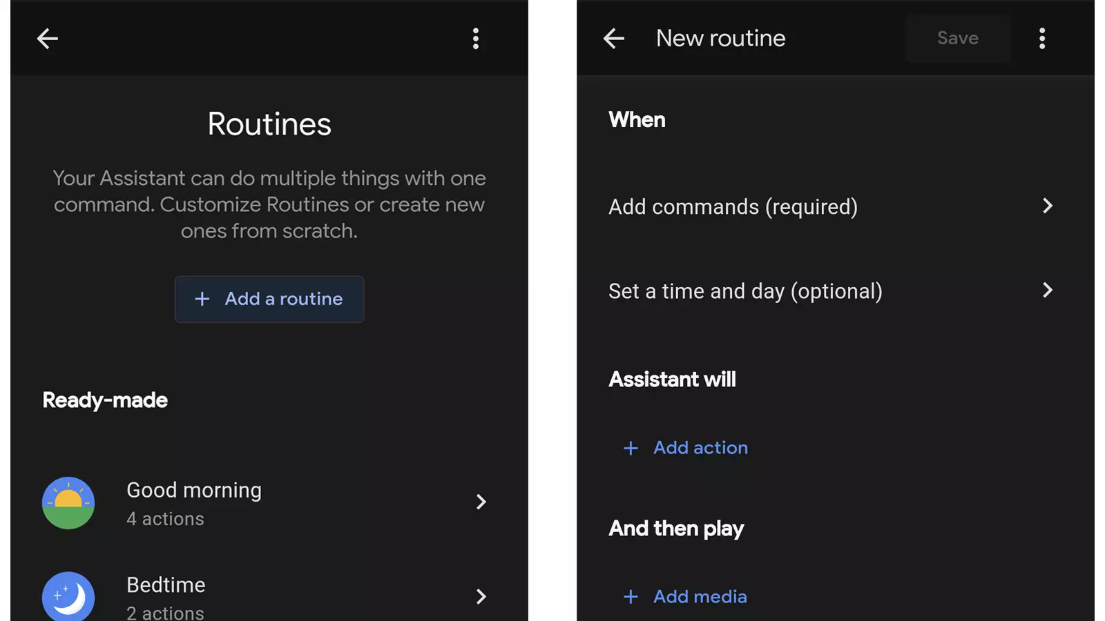 App Google Home che mostra le opzioni di routine di Google