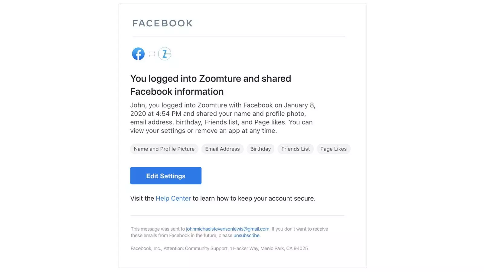 Facebook 功能登錄通知的示例通知