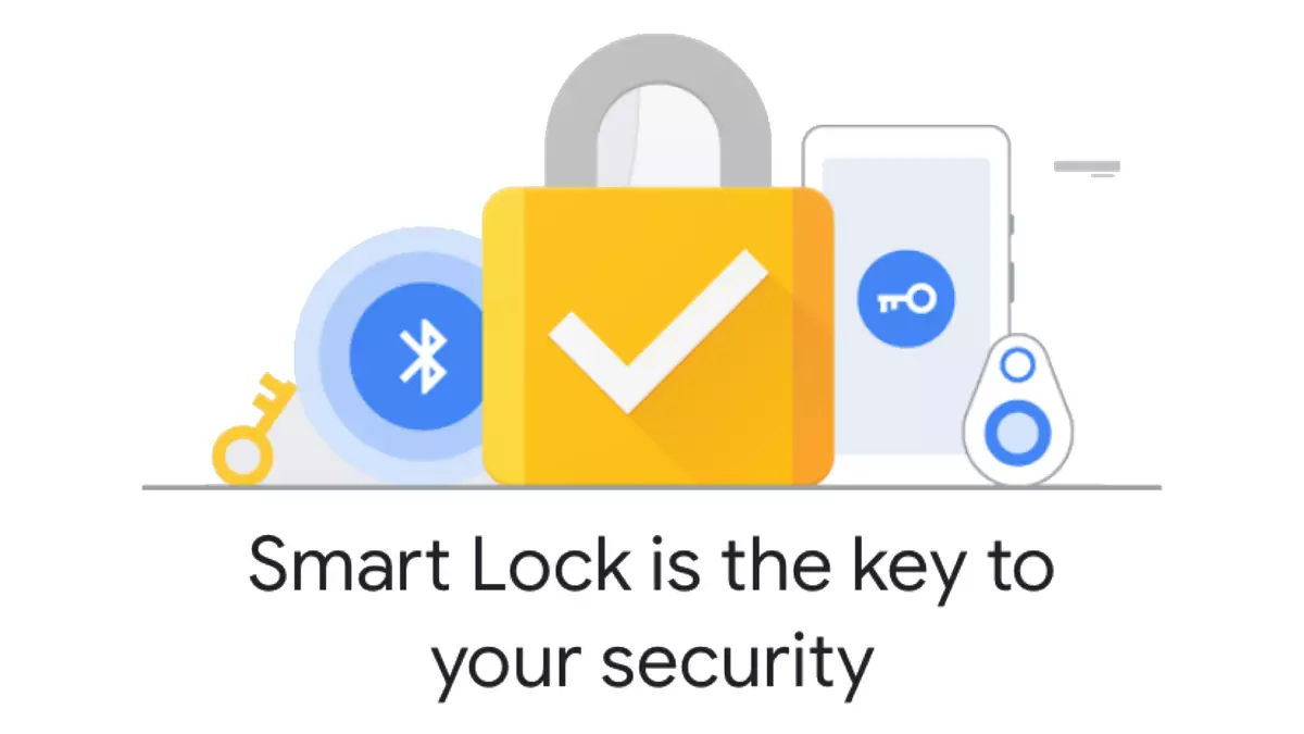 Die Smart Lock-logo, met sleutels, 'n hangslot, 'n usb-sekuriteitsleutel, 'n foon en die Bluetooth-simbool.
