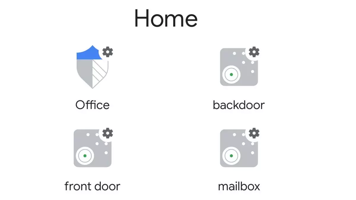Lietotne Google Home, kurā tiek rādīti aizmugurējo durvju, priekšējo durvju un pastkastes sensori.