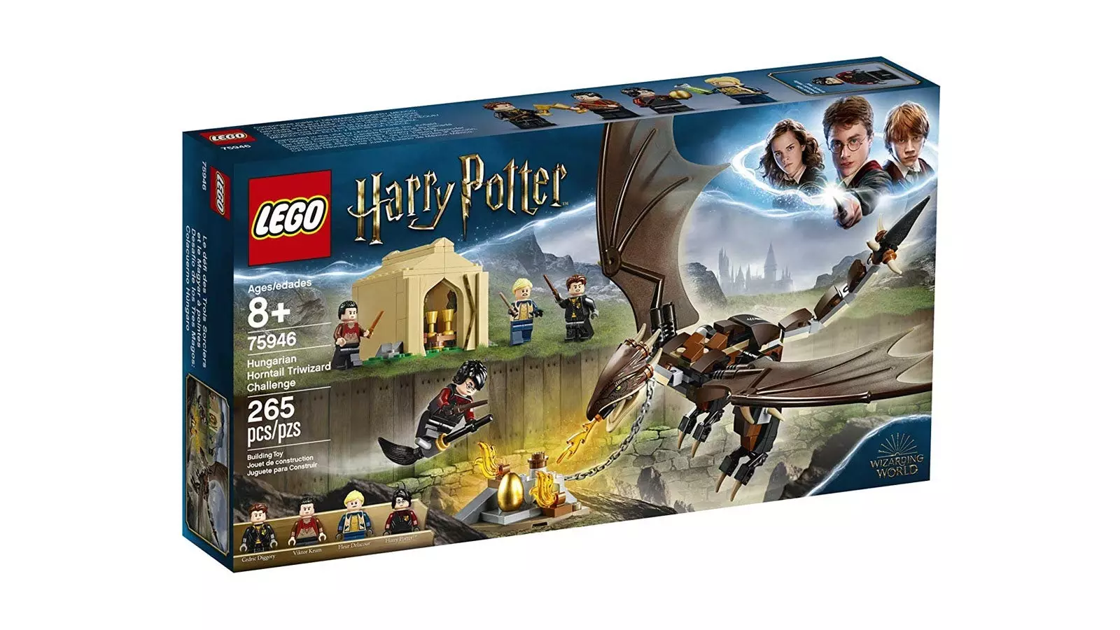 Bosca ina bhfuil LEGO Harry Potter ag eitilt ar scuab in aice le Dragon LEGO