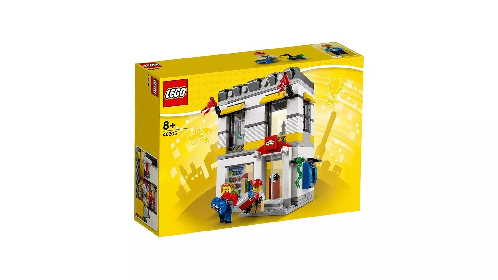 LEGO veikals, kas izgatavots no LEGO uz dzeltenas kastes.
