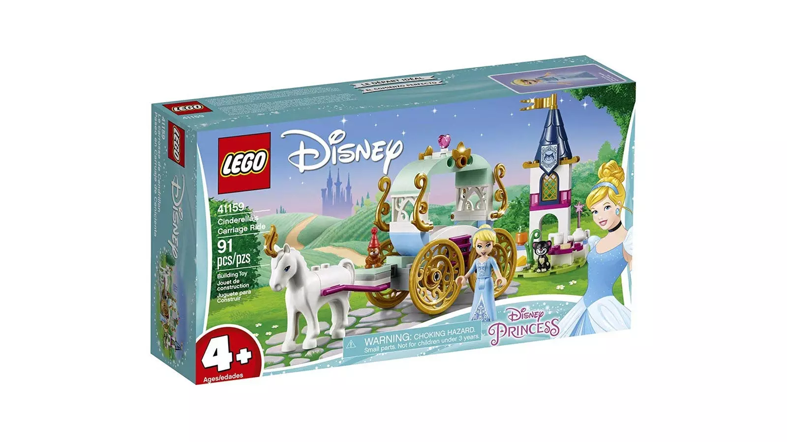 Sebuah kotak yang menampilkan LEGO Cinderella dan kereta kuda.