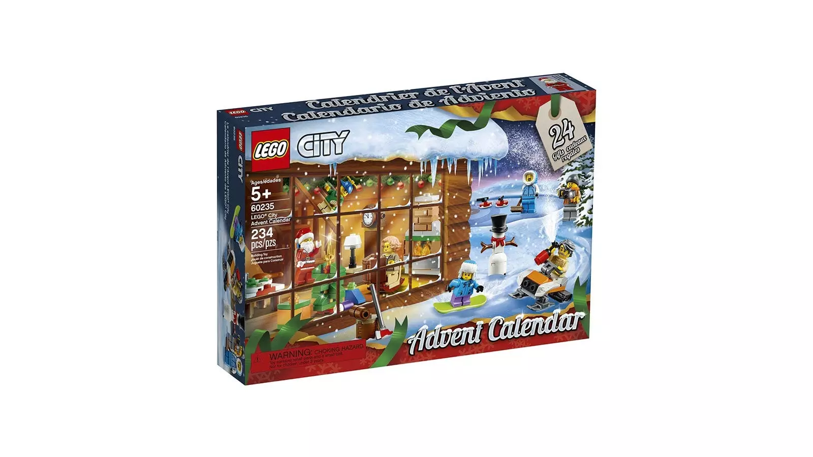 Kotak LEGO City Advent Calendar, menampilkan pemandangan musim dingin yang bersalju.