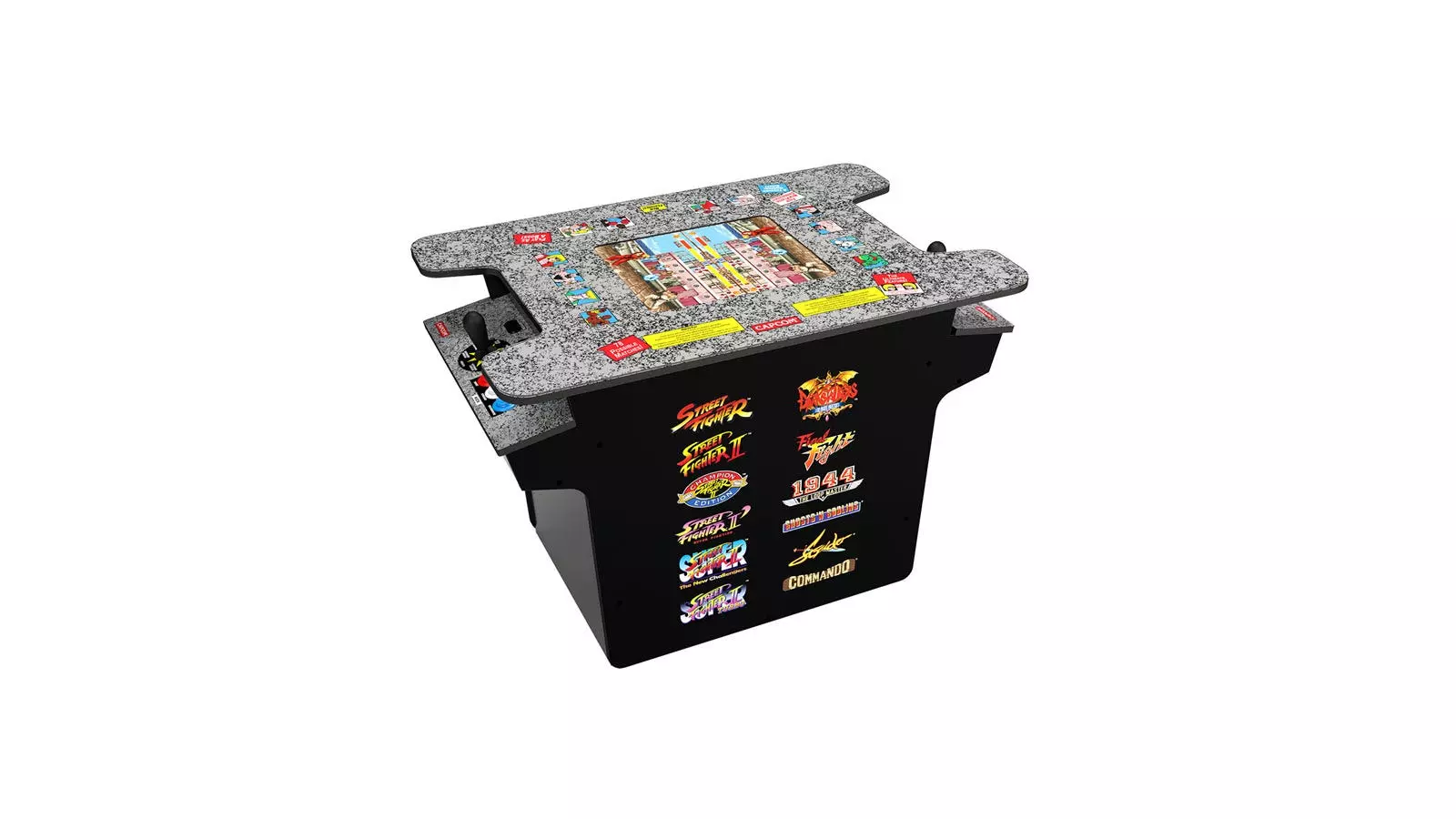 Une machine de table à cocktail Street Fighter, avec 12 jeux répertoriés sur le côté.
