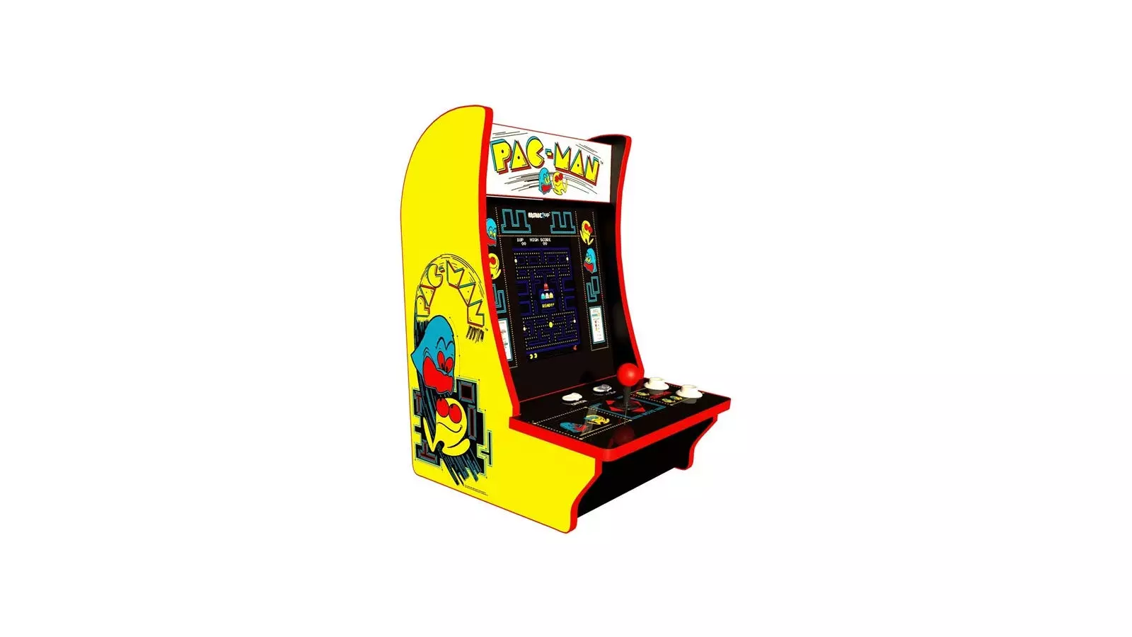 Mashiin arcade ah oo Pac-Man ah oo leh joystick cas iyo gees huruud ah.