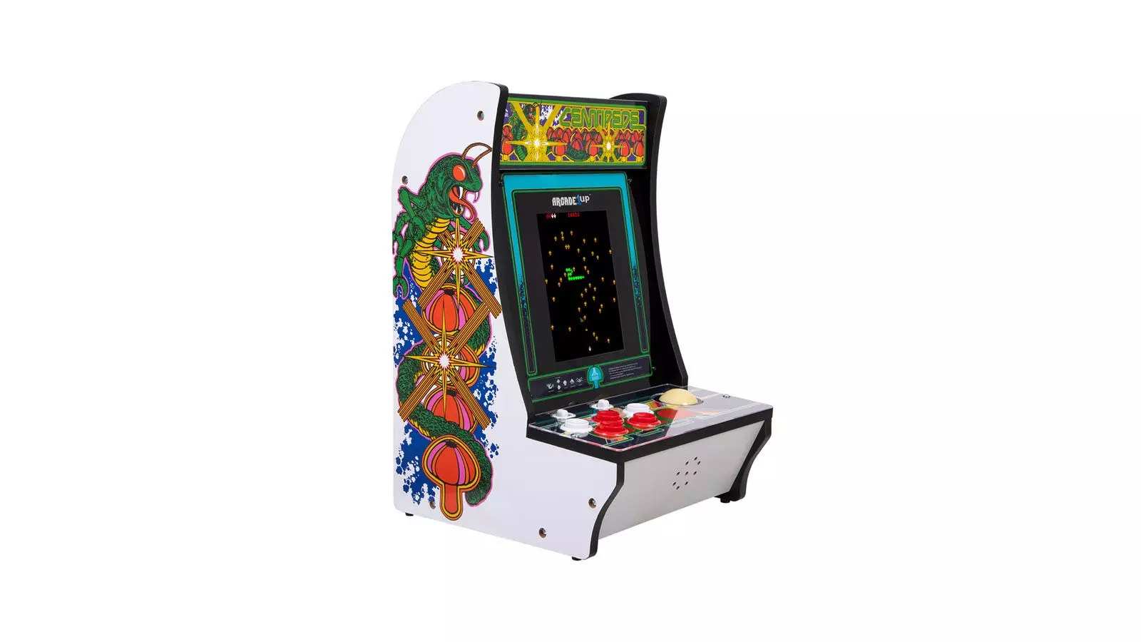 En Arcade1Up tusindben maskine med rollerball kontrol og 8-tommer skærm.