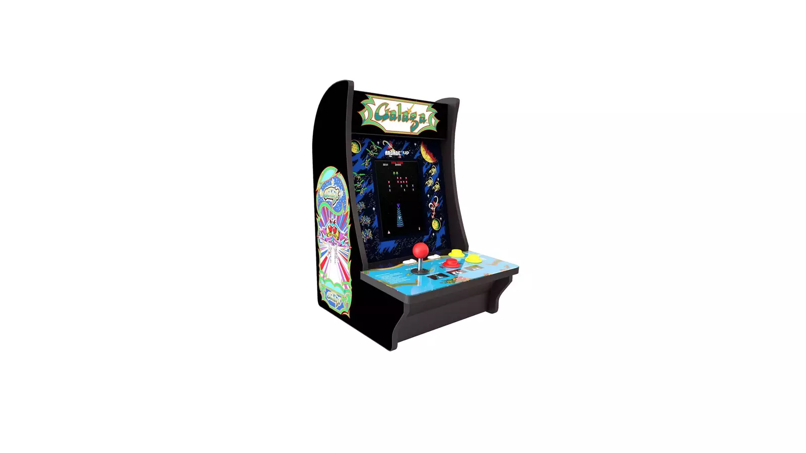 A arcade countertop Galaga karo joysticks abang lan kriya asli.
