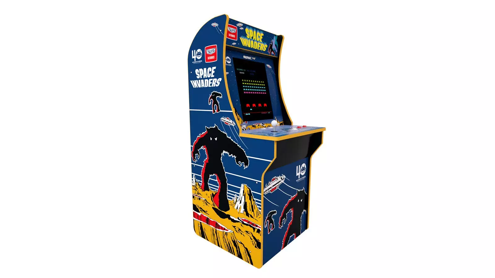 Ang Space Invaders arcade machine na may pula, asul, at berdeng mga dayuhan.