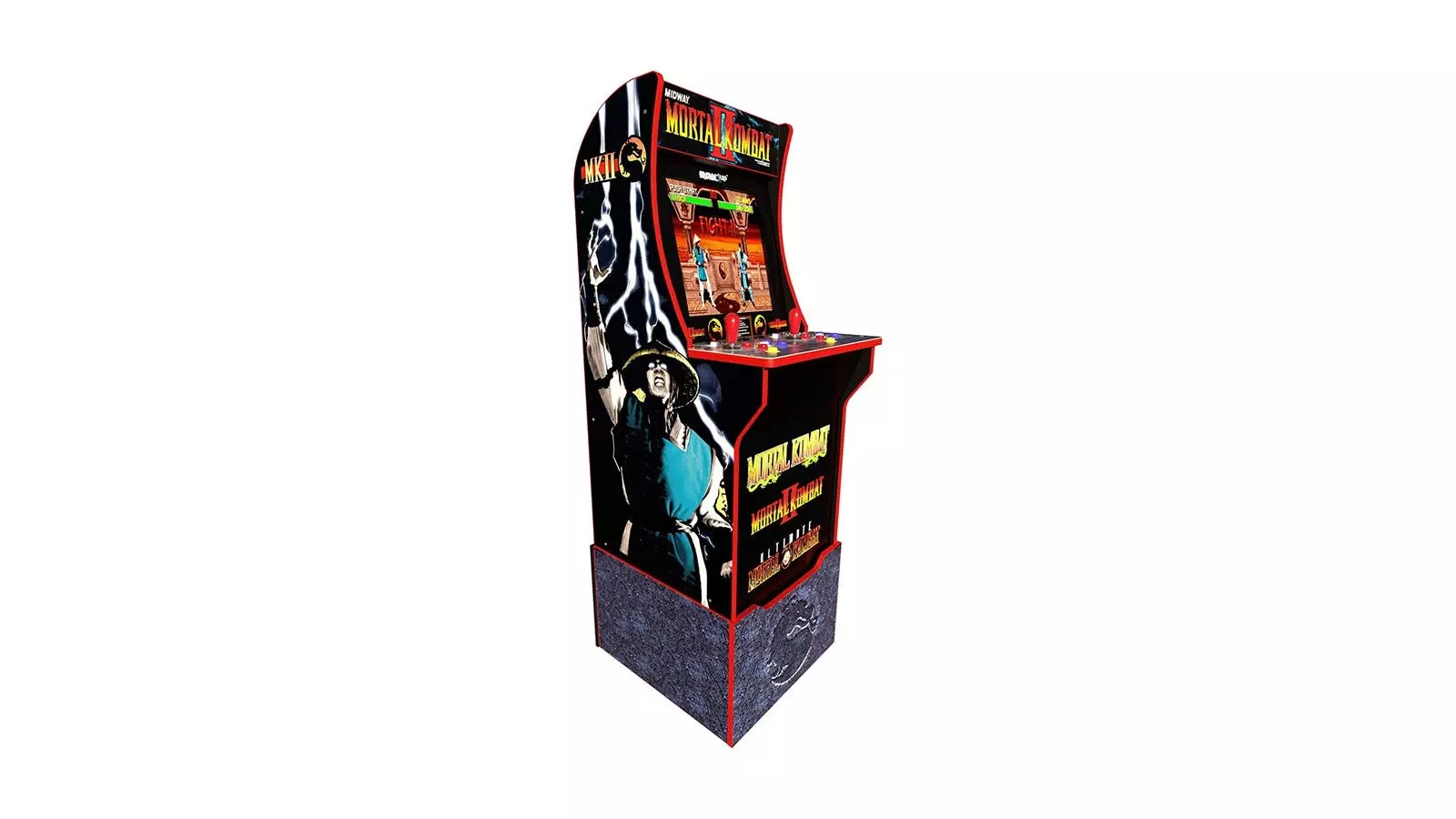 Die Mortal Kombat-arcade op 'n pasgemaakte riser met die Mortal Kombat-logo oor 'n klippatroon.