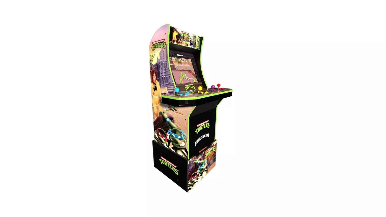 L-arcade Teenage Mutant Ninja Turtle b'erba 'settijiet ta' joysticks u riser tad-dwana.
