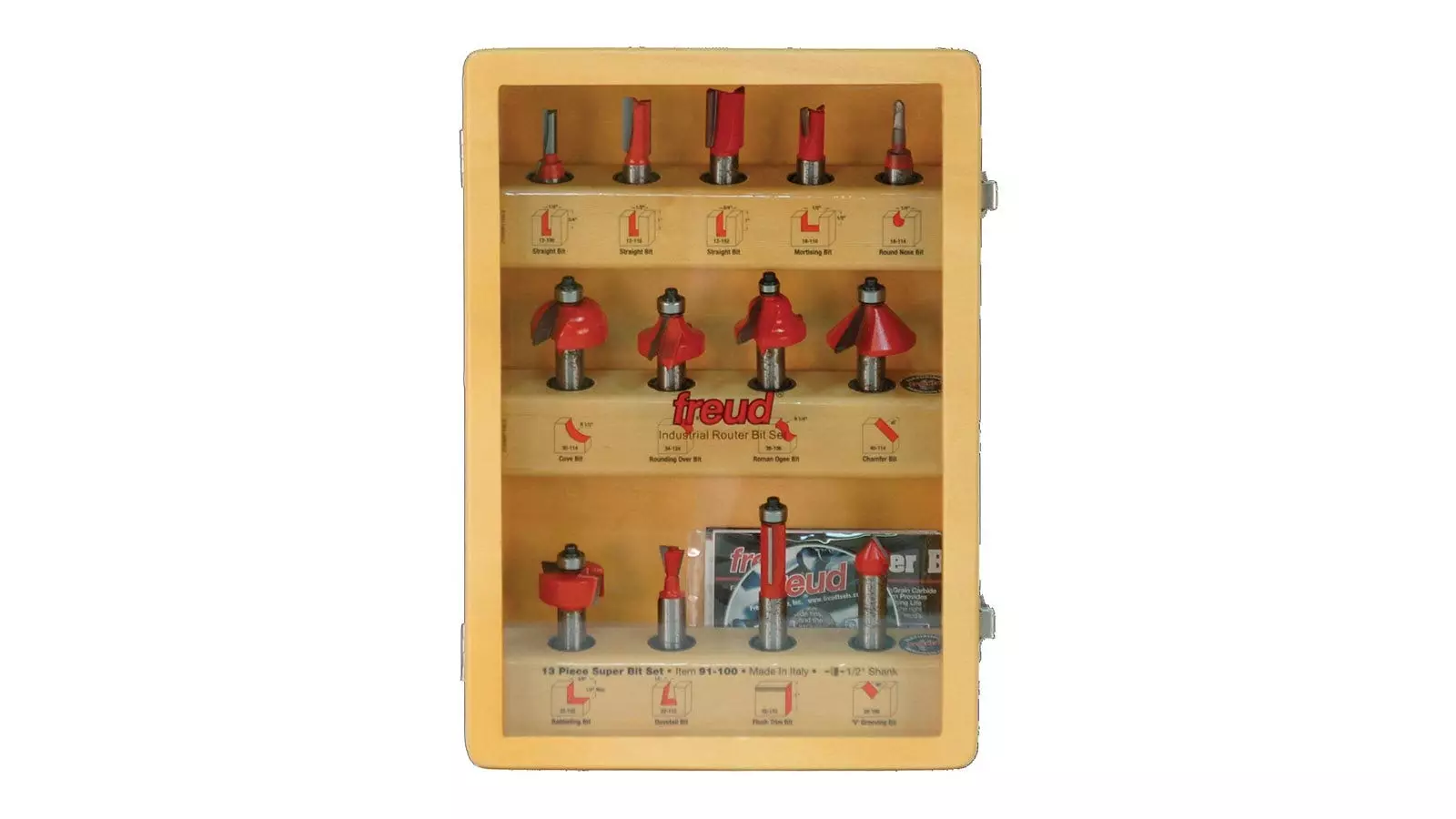 مجموعة مكونة من 12 قطعة راوتر حمراء في صندوق بواجهة زجاجية.