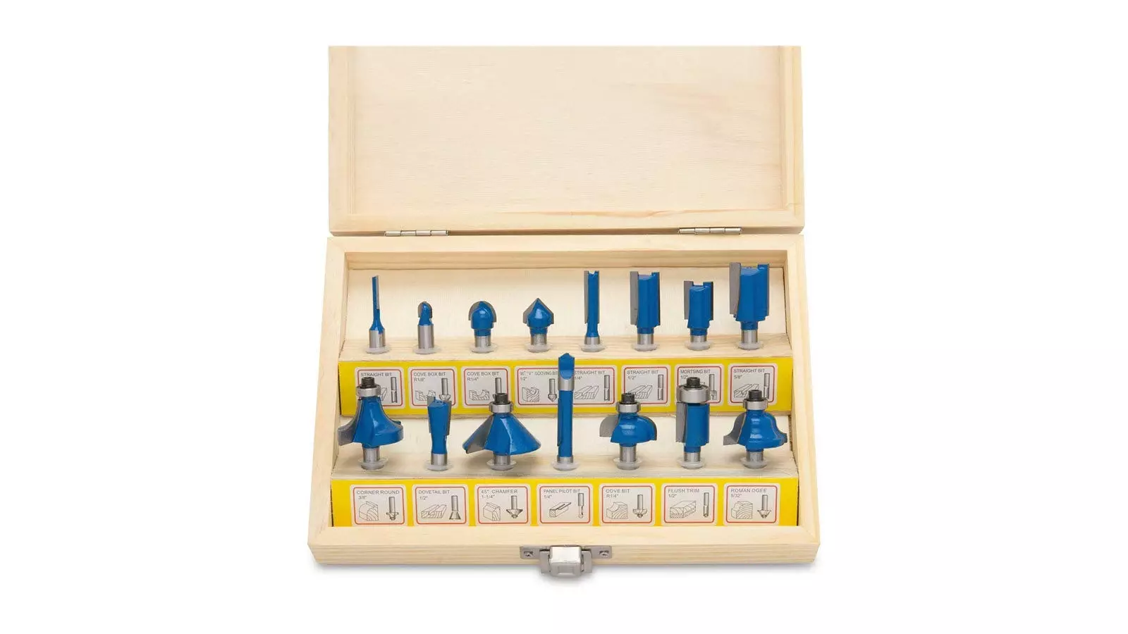 Een set van 15 blauwe frezen in een houten kist.