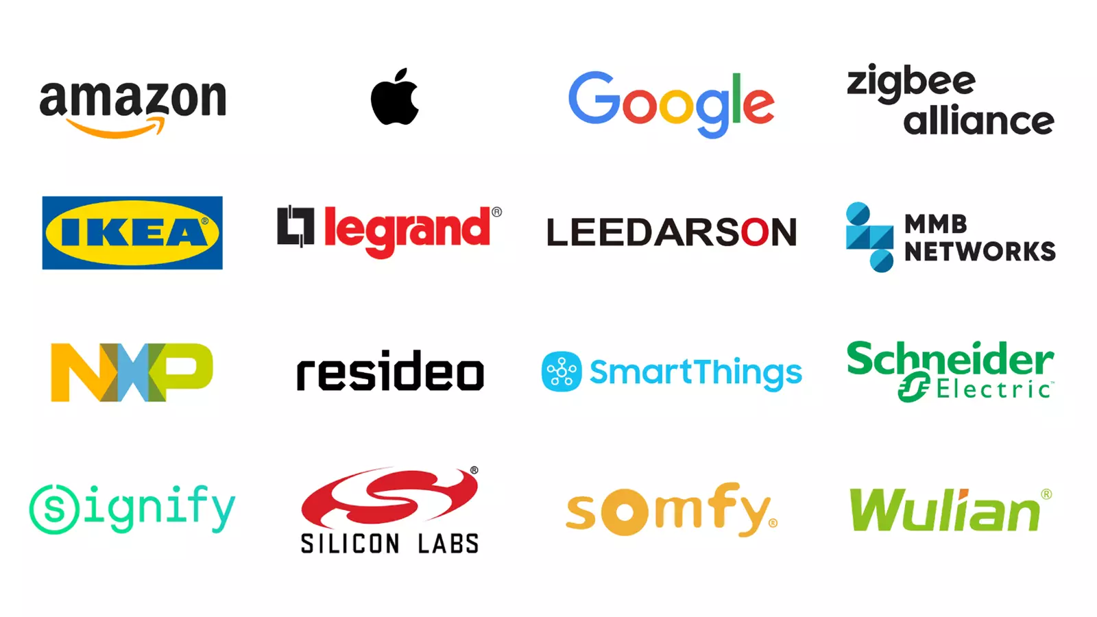 Gabungan logo untuk Amazon, Apple, Google, ZigBee, Ikea, Legrand, dan banyak lagi.