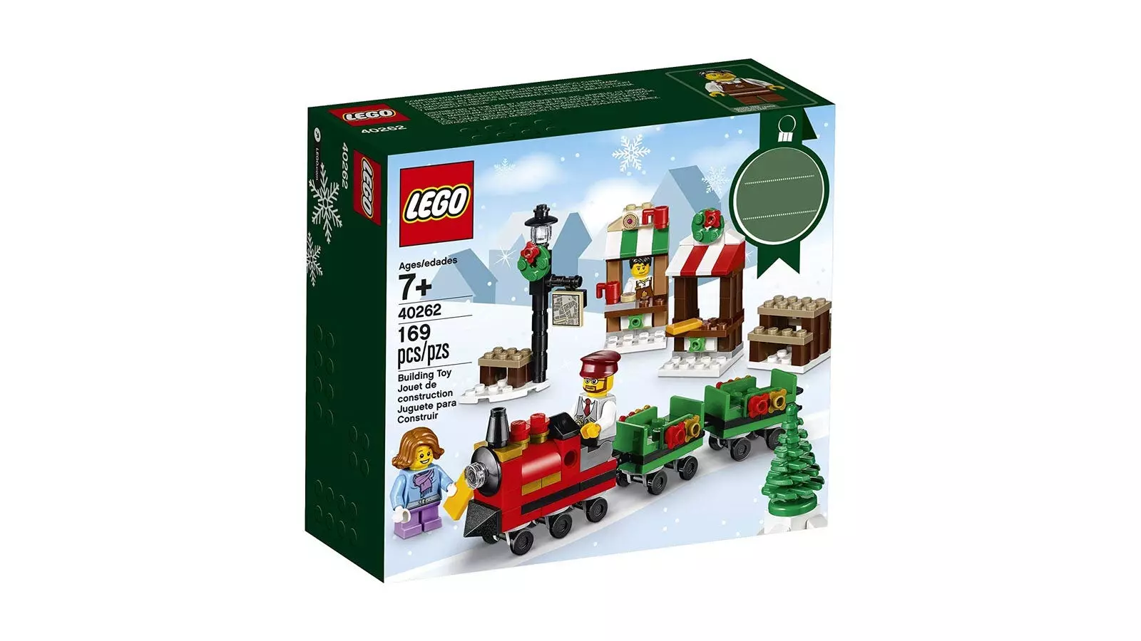 Кутија која приказује ЛЕГО воз са божићном темом.