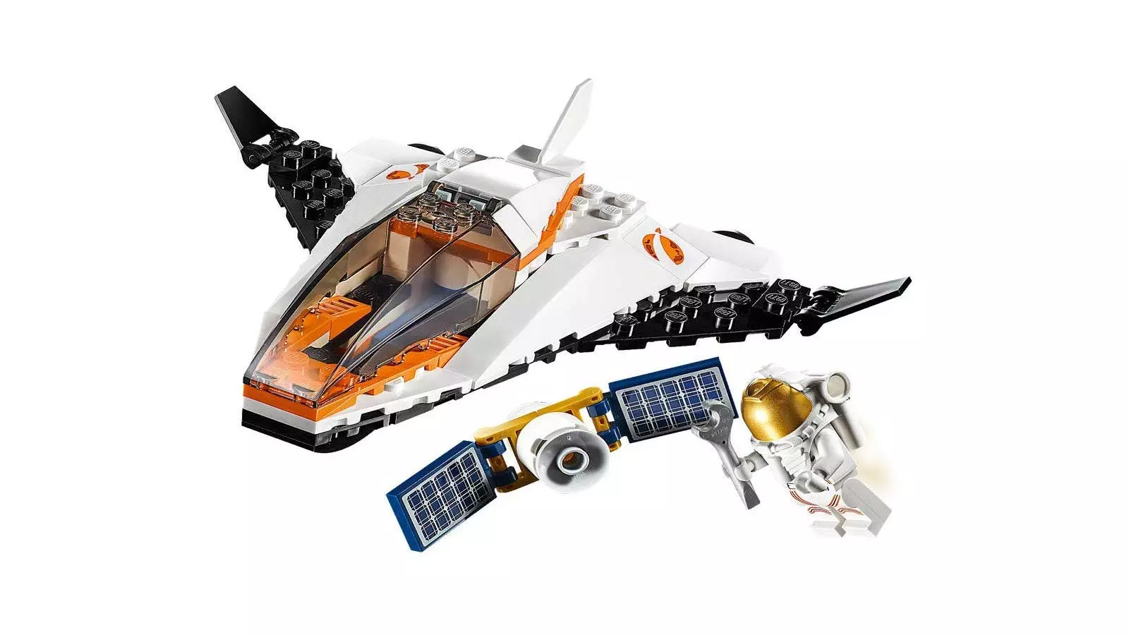 Minifigúrka LEGO satelitu, raketoplánu a astronauta.
