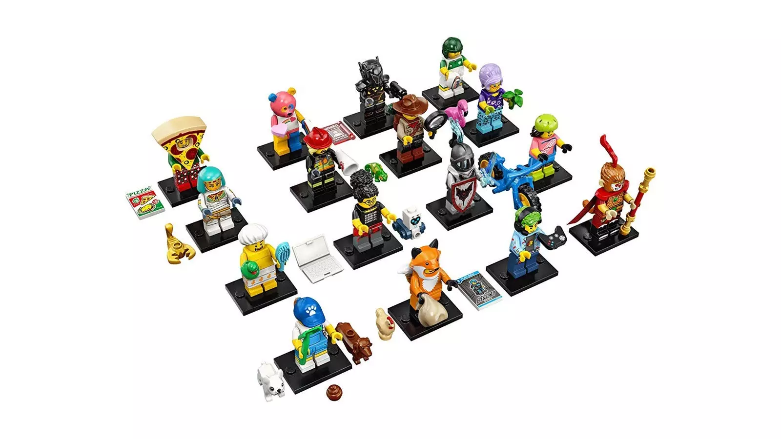 Grupo de 16 LEGO Minifigures vestitaj en aventuraj kostumoj.