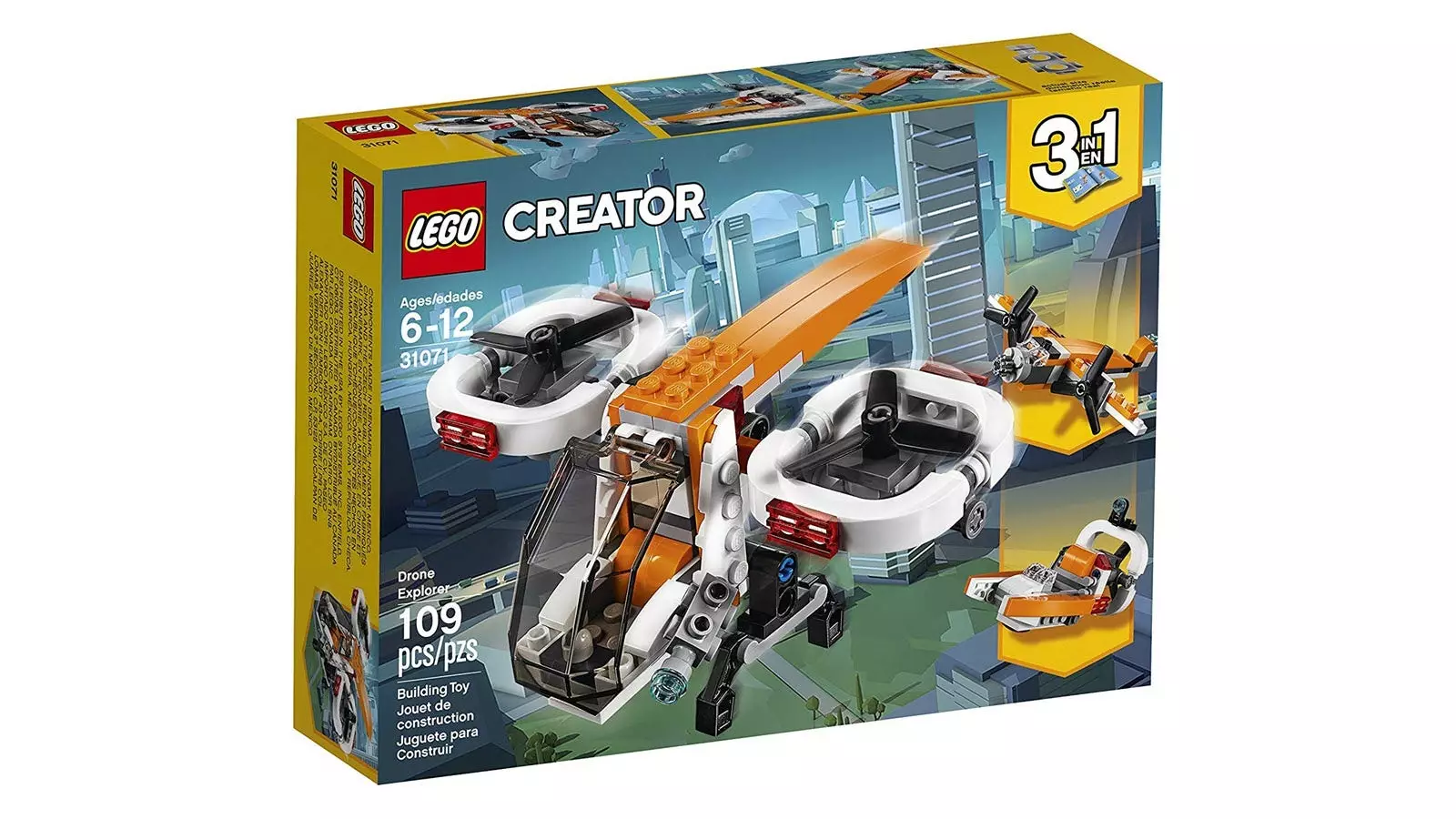 En LEGO-boks som viser et sett i dronemodus, sumpbåt og propellfly.