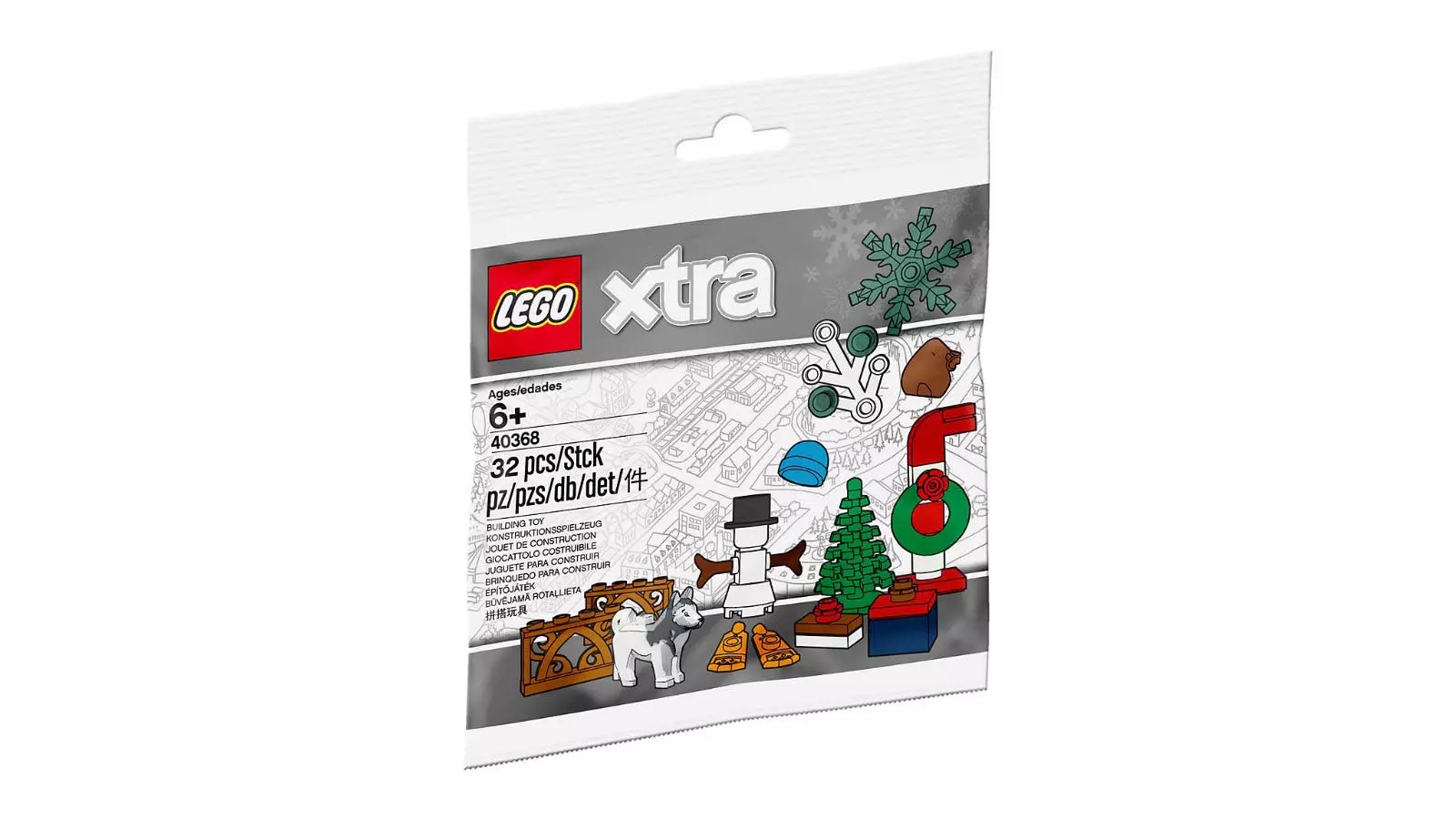 Um saquinho cheio de peças LEGO com tema depois do Natal.