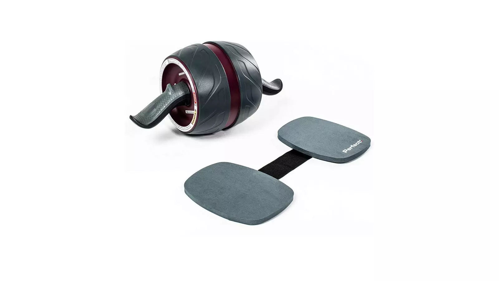 Perfect Fitness Ab Carver Pro Roller ja kaks rihmaga ühendatud põlvekaitset.