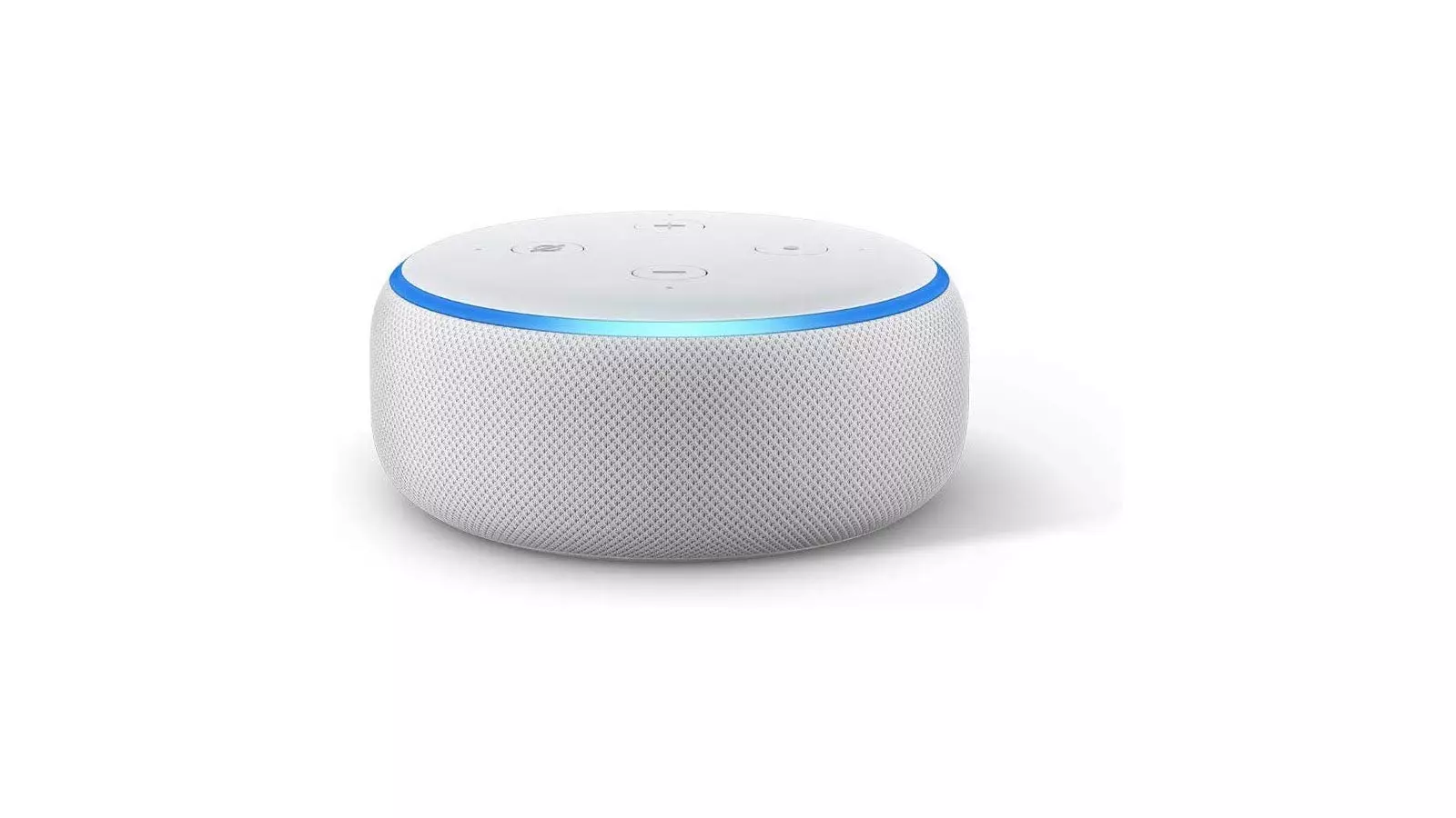 青いリングが付いた白い Amazon Echo。