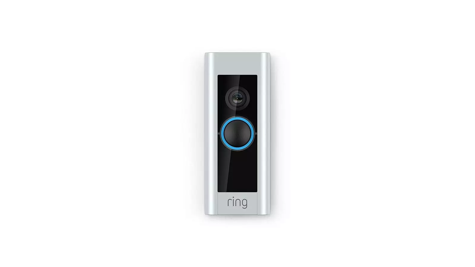 Eshik qo‘ng‘irog‘i tugmasi atrofida ko‘k chiroq yonib turgan Ring Video Doorbell Pro.