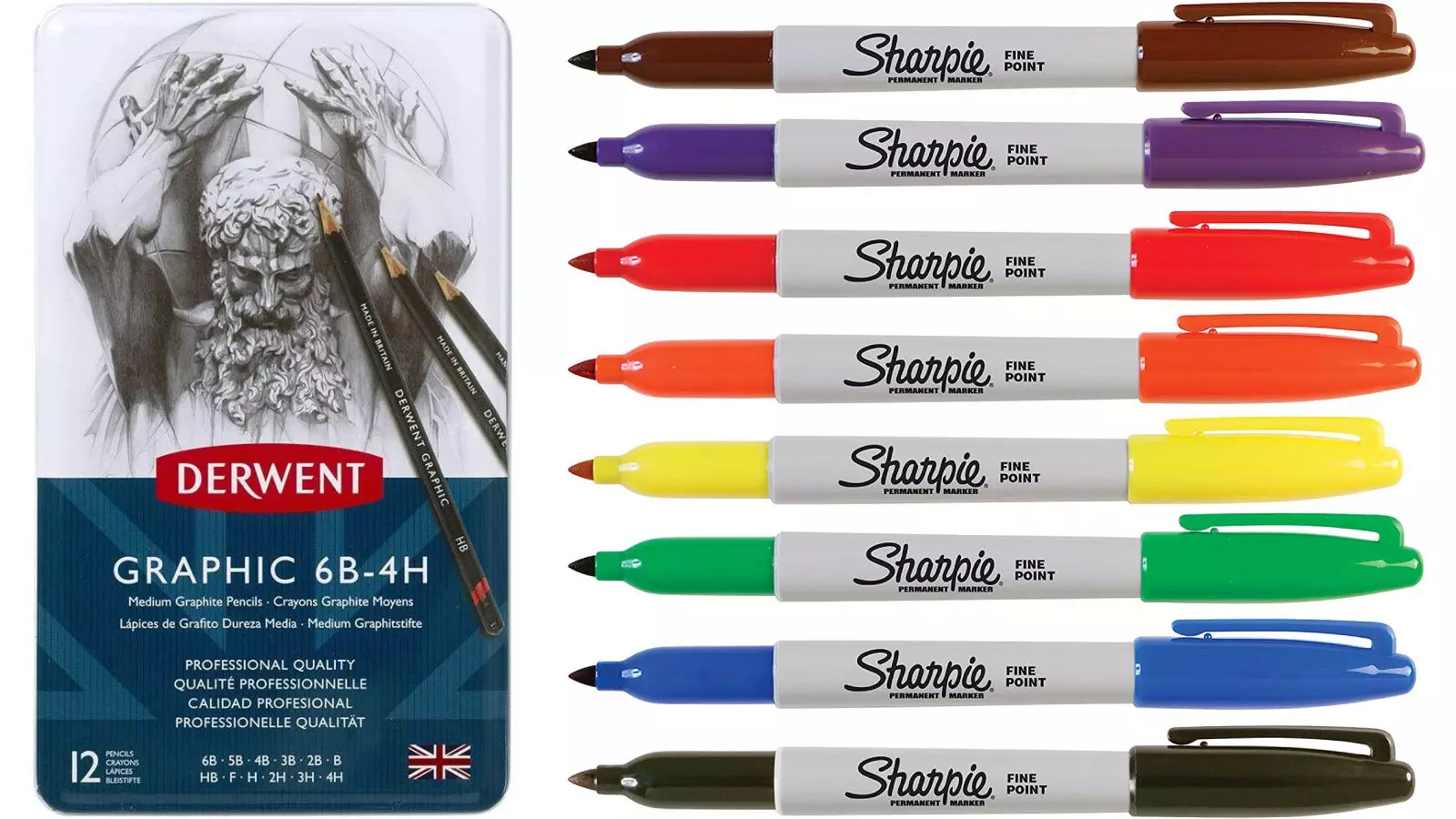 Графітові олівці Derwent, різноманітні кольорові маркери Sharpie