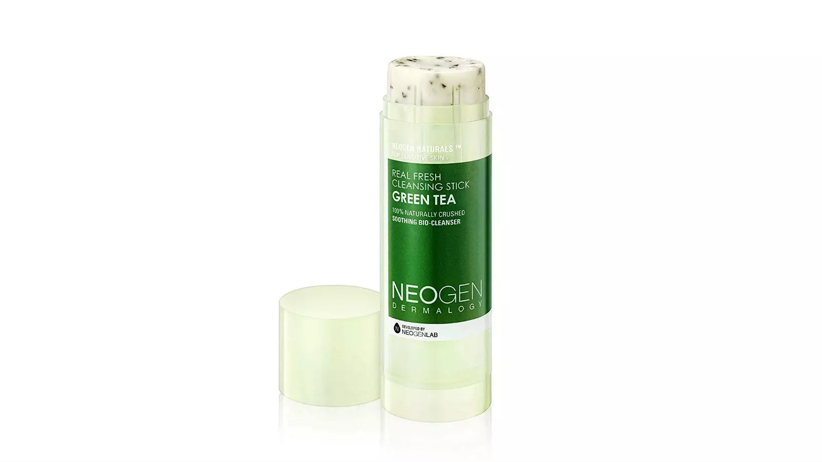 בקבוק של Neogen Dermalogy Real Fresh Cleansing Stick בתה ירוק עם הפקק כבוי.