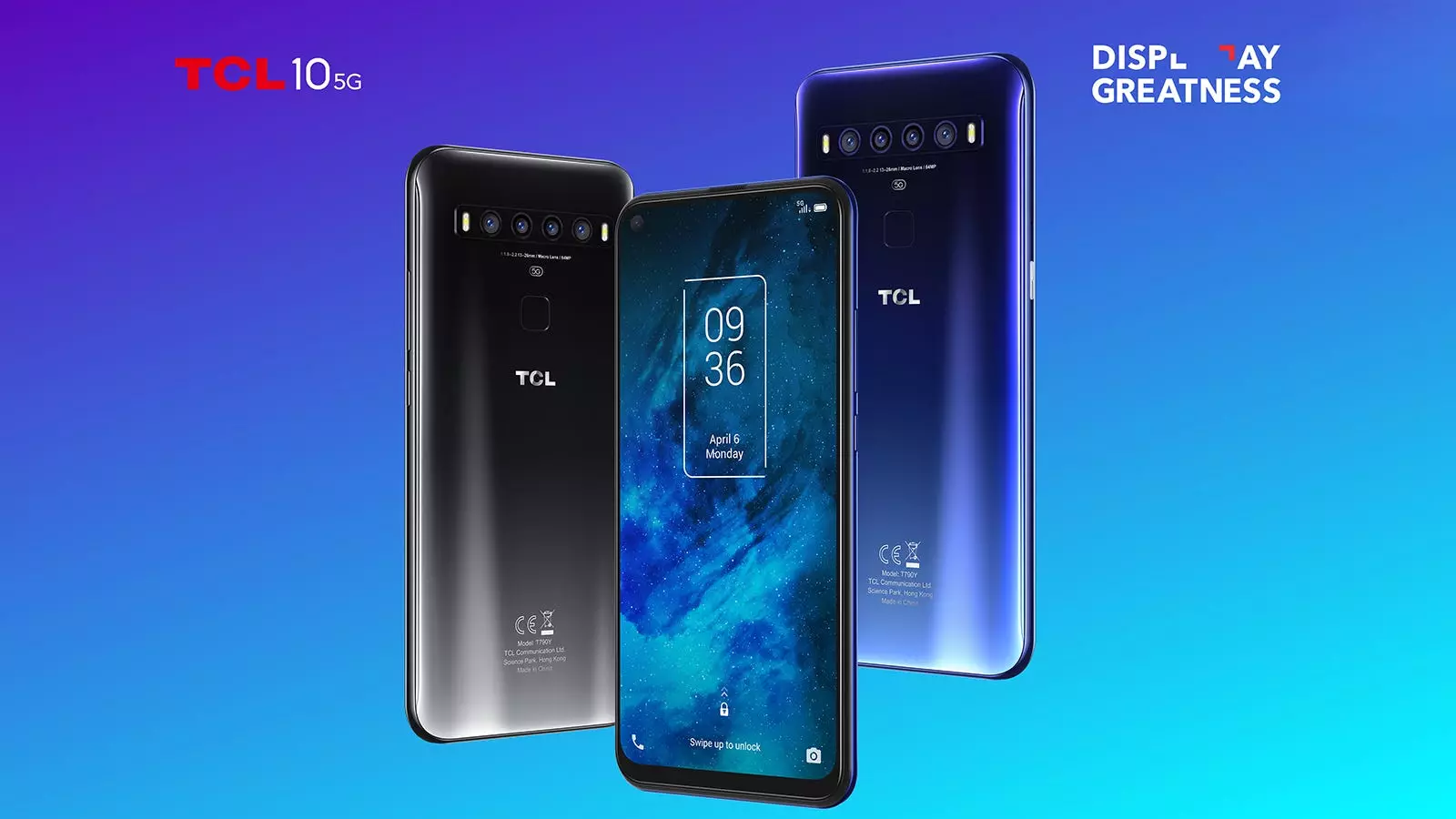 Tre TCL 5G-telefoner i blå og grå.