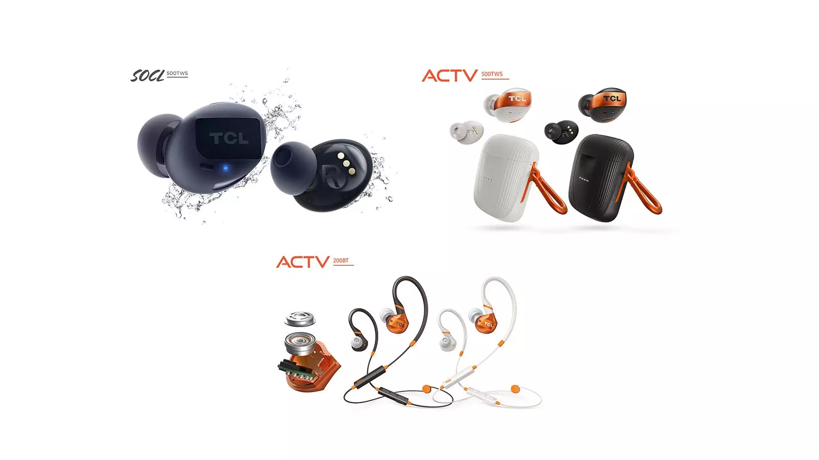 Kaks paari True Wirelessi kõrvaklappe ja sportlik kõrvaklappide rihm.