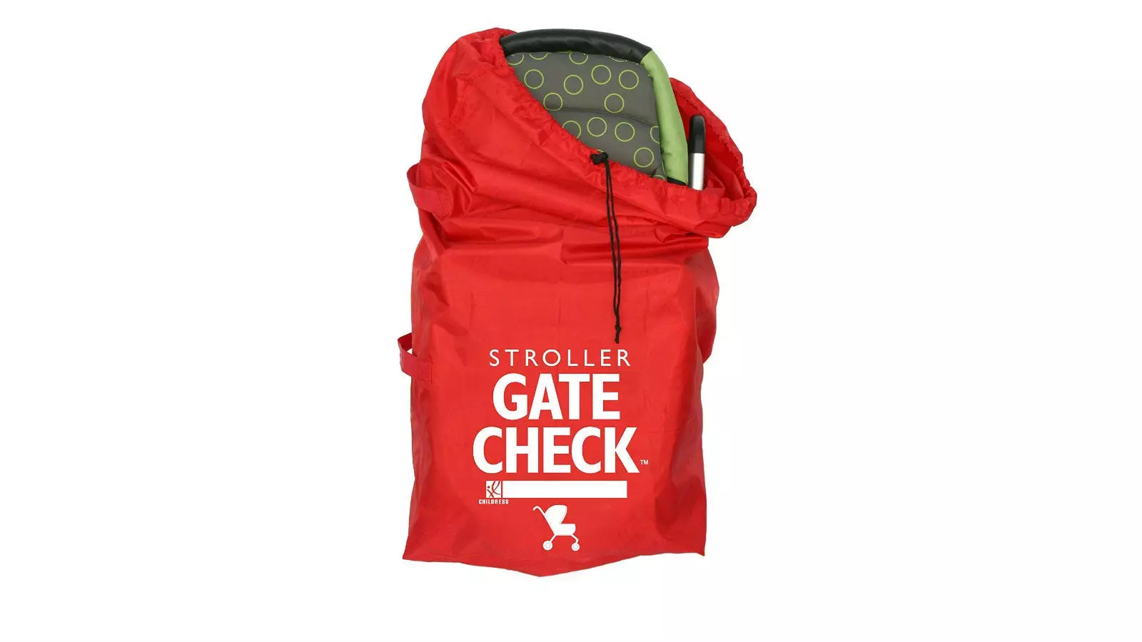 Sab saum toj ntawm lub stroller peaking ntawm J.L Childress Gate Check Stroller Bag.