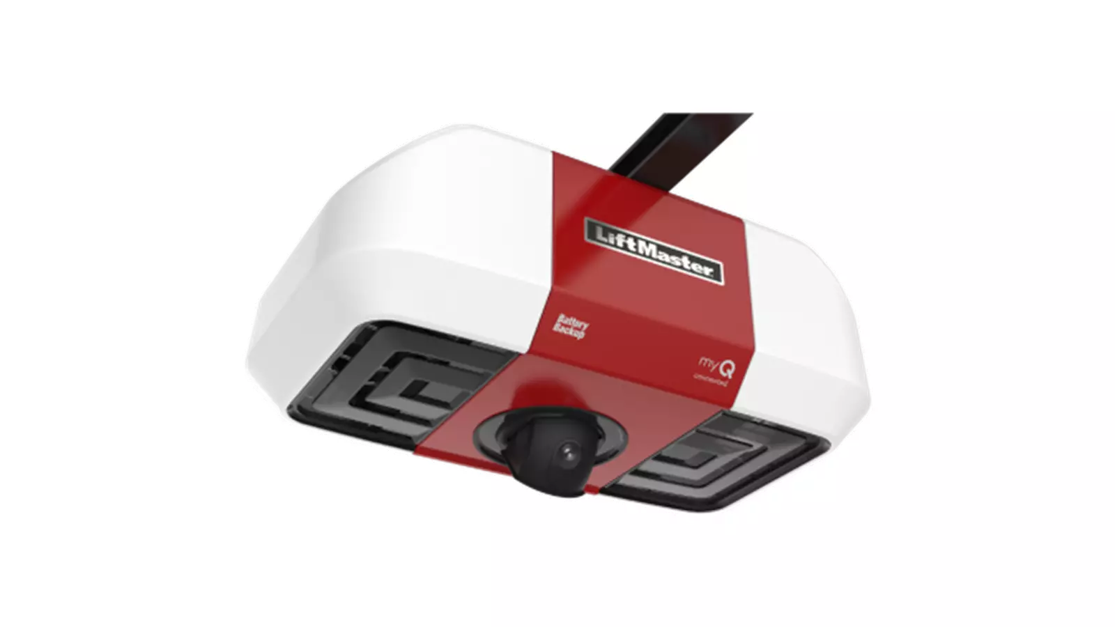 LiftMaster WI-FI otvírač garážových vrat s integrovanou kamerou s červeným pruhem a černou kamerou.