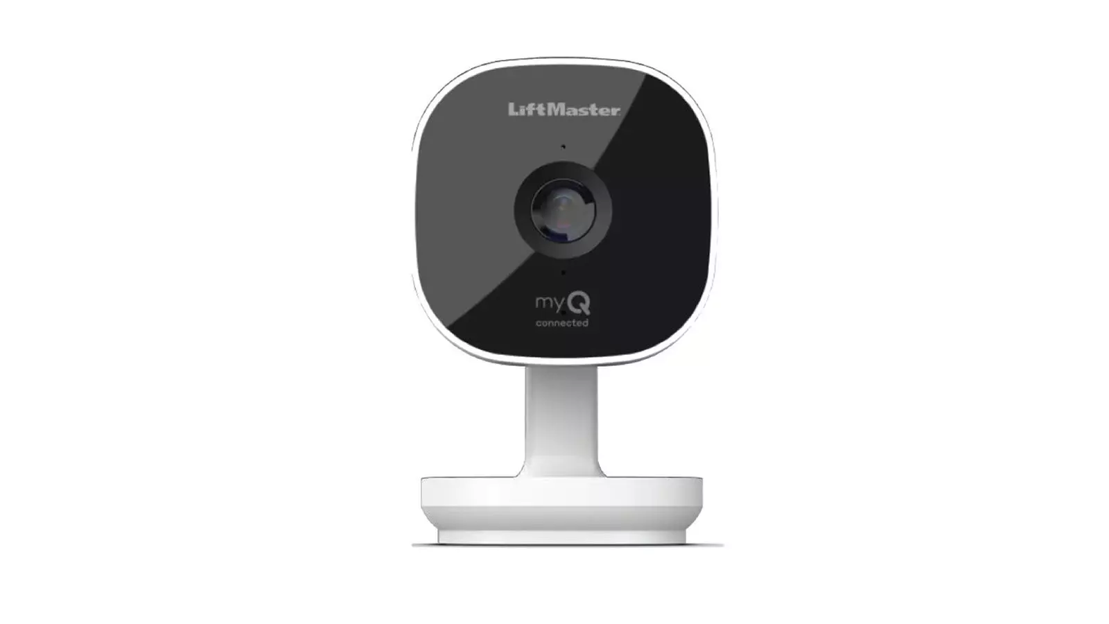 Een witte LIftMaster camera met een zwart gezicht.