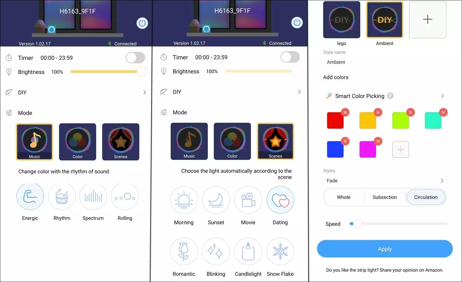 Aplikasi Govee kanthi macem-macem pemandangan, musik, lan pilihan warna ditampilake.