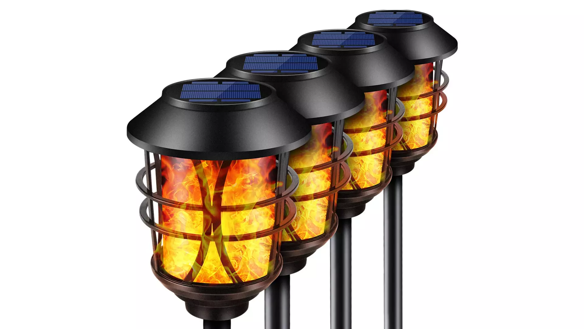 Izibani ezine ze-TomCare Solar-Powered Flickering Flame Torch Lights.