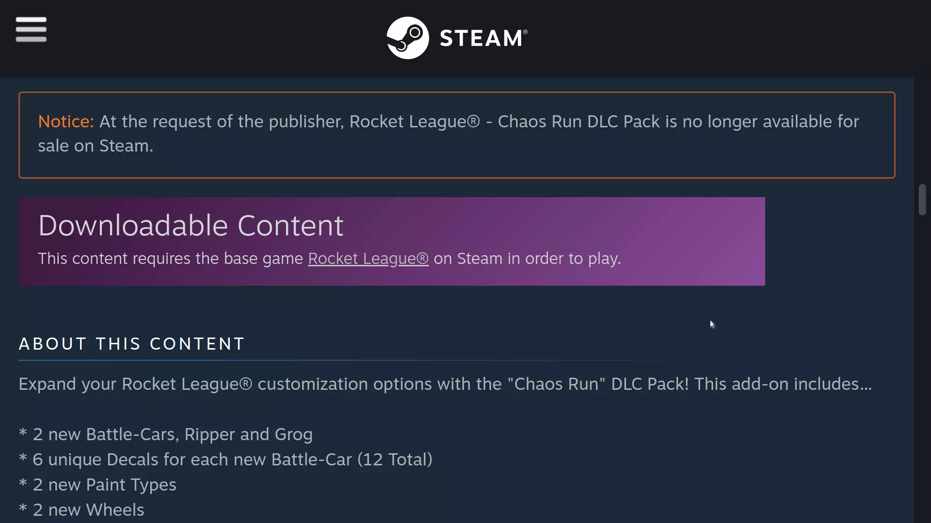 Steam Rocket League DLC Ddim ar gael