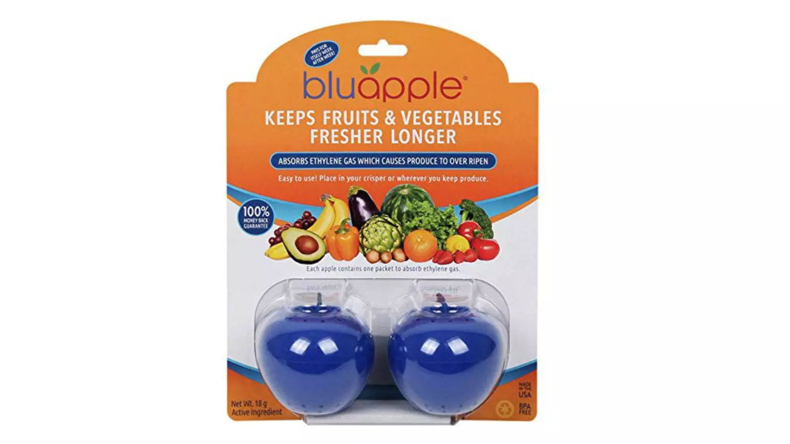 Een 2-pack Bluapple Produce Freshness Saver Balls.