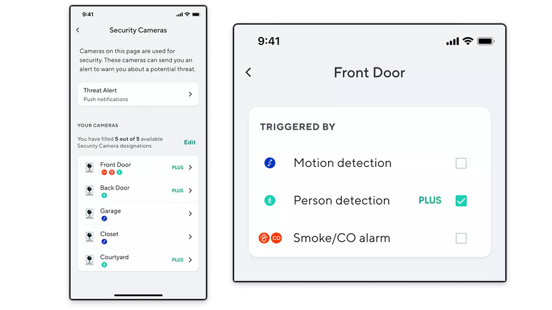 Wyze-appens trusselsalarmindstillinger, som giver dig mulighed for at vælge alarmer via Bevægelsesdetektion, Persondetektering eller røgalarmer.