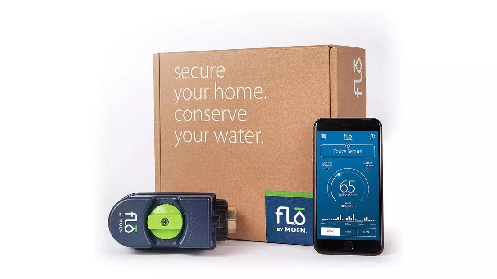 O supapă inteligentă Flo by Moen, o cutie și un telefon care arată aplicația.