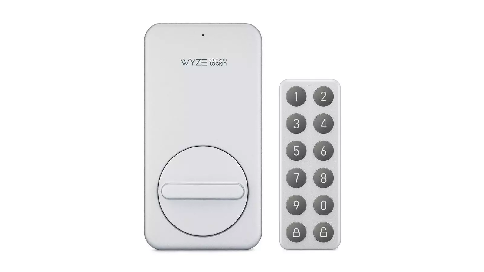 Gri sayısal düğmelere sahip beyaz bir tuş takımının yanında beyaz bir Wyze Smart Lock.