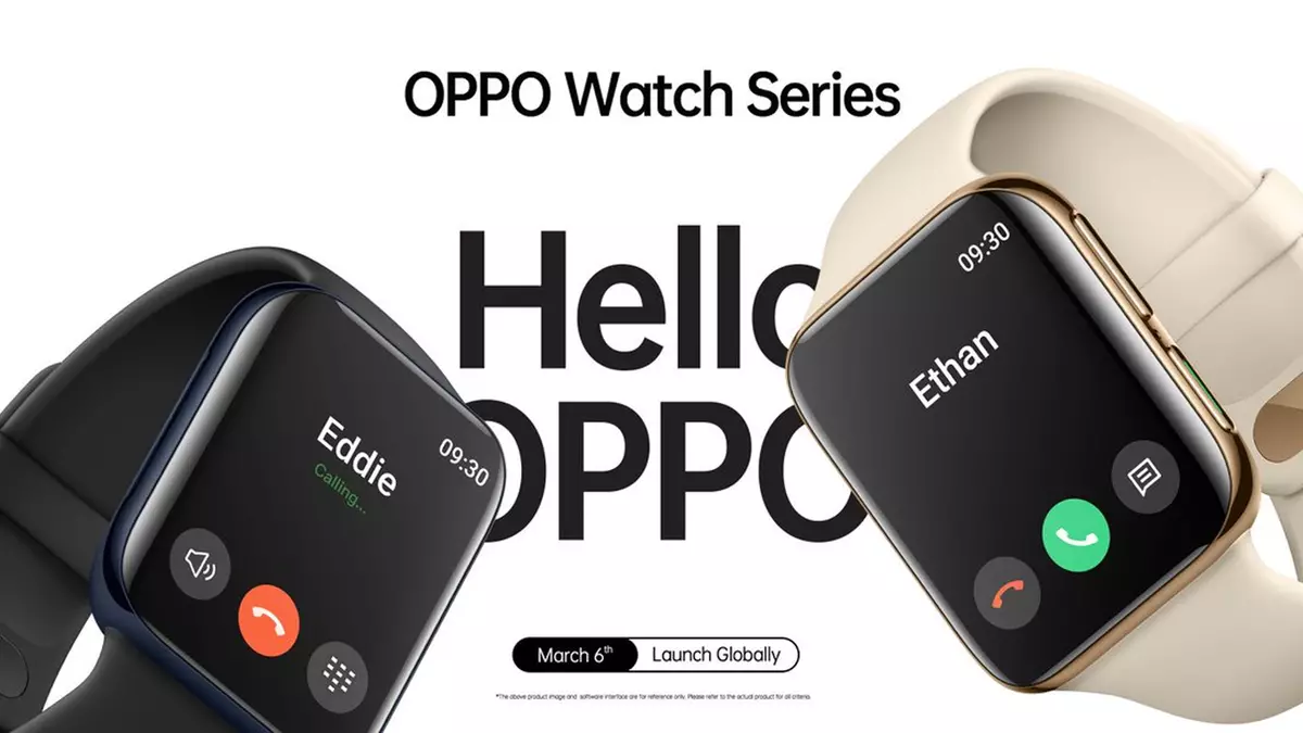 באנר ההכרזה של Oppo Watch מציג שני שעוני Oppo במצב שיחה.