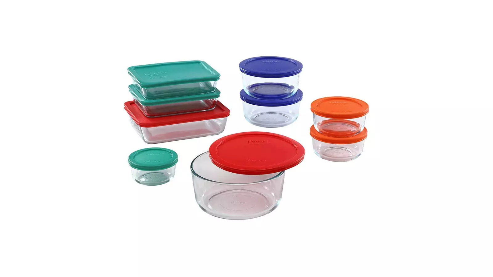 Conxunto de recipientes de vidro para alimentos de formas rectangulares e redondas con tapa.